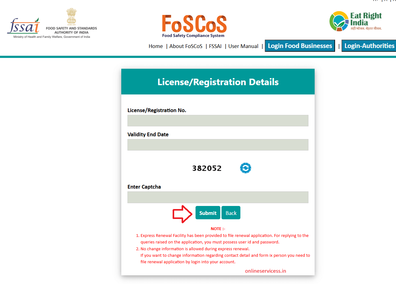 Renewal FSSAI Certificate online - FoSCoS - Onlineservicess