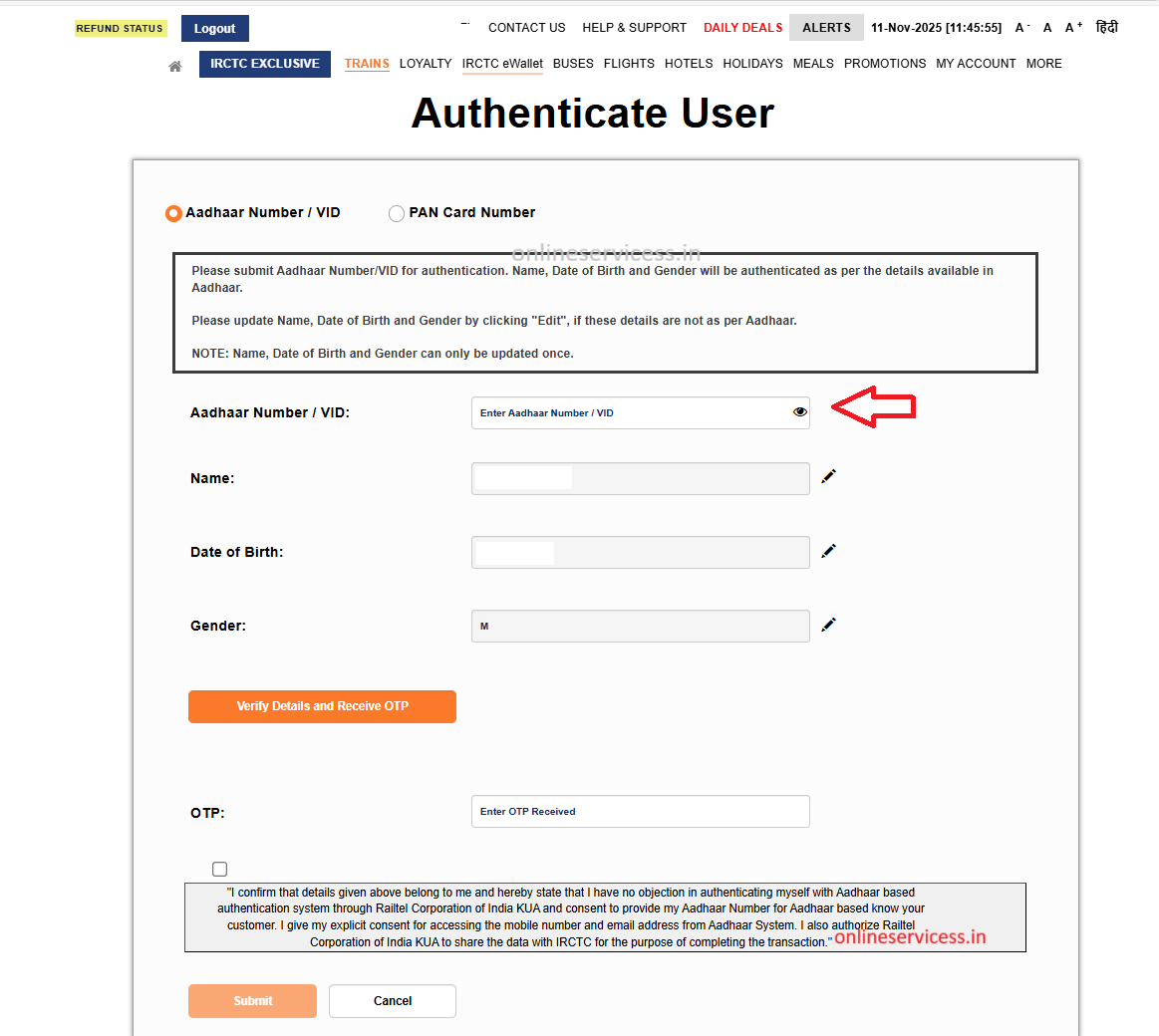 IRCTC Aadhaar Authentication - How to Link Aadhaar card with your IRCTC account [Guide ...