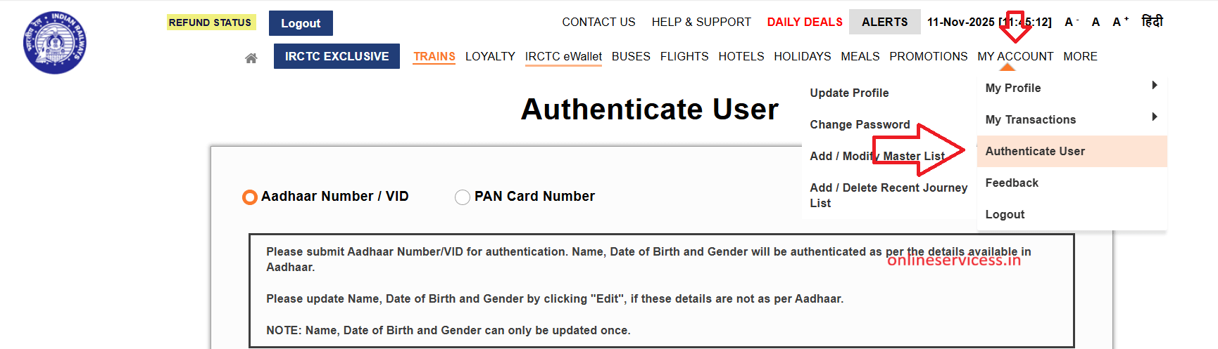 IRCTC Aadhaar Authentication - How to Link Aadhaar card with your IRCTC account [Guide ...